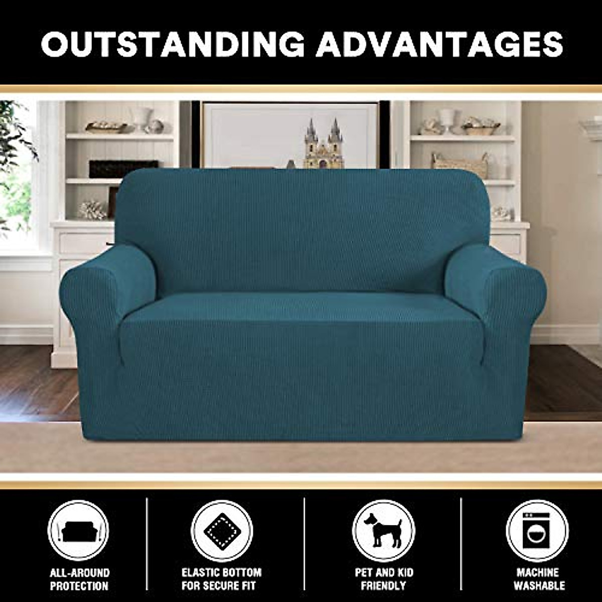 PrinceDeco Stretch Loveseat Sofa Cover Slipcover Couch Cover for 2 Cushion Sofa Washable Sofa Cover for Pets Friendly Furniture Protector Covers with Non Slip Bottom(Loveseat, Deep Teal)