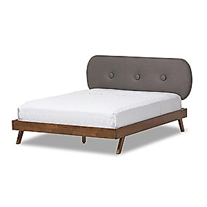 Baxton Studio Penelope Mid-Century Modern Solid Walnut Wood Grey Fabric Upholstered Full Size Platform Bed