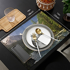 Placemats Set of 4, Flowing River and Pine Trees with Scenic Mountain Place Mats Dining Table Mat for Kitchen Washable Place Mats Heat-Insulation Non-Slip Plate Cup Mats for Table Decor, 13 x 19 Inch