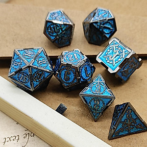 Metal DND Dice Set D&D Dungeons and Dragons Sword Dice Gift D20 Polyhedron Suitable for Rolling RPG MTG Pathfinder Board Game Accessories Free Velvet Bag-Black Nickel Glitter Blue