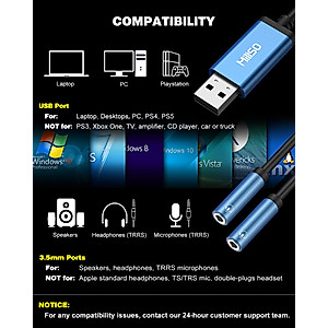 MillSO USB to Dual 3.5mm Audio Jack Adapter, Sapphire Blue TRRS External Stereo Sound Card Headphone Stereo Jack Splitter for Two Headphones, Speakers to a PC, Laptop, Desktop, PS4, PS5-1 Feet