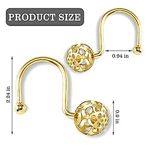 YJNSFT 12 Pcs Hollow Ball Shower Curtain Hooks, Rust Proof Chrome Rod Hooks Sets, Luxury Decorative Stainless Steel Shower Curtain Rings for Bathroom (Gold)