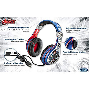eKids Avengers Kids Adjustable Headband, Stereo Sound, 3.5Mm Jack, Volume Limited Headphones for School, Home, Travel