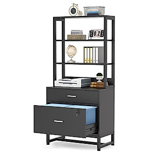 Tribesigns 2 Drawer Lateral File Cabinet with Lock, Letter Size Large Modern Filing Cabinet Printer Stand with Open Storage Shelves for Home Office, Black