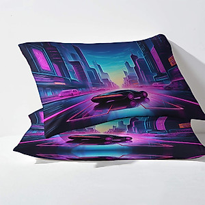 Race Car Sheets Full Size, Cityscape Bed Sheets, Patterned Bedding Sheets & Pillowcases 4 Piece Set - Soft Microfiber Deep Pocket Fitted Sheet & Flat Sheet & 2 Pillow Cases K1-&-119