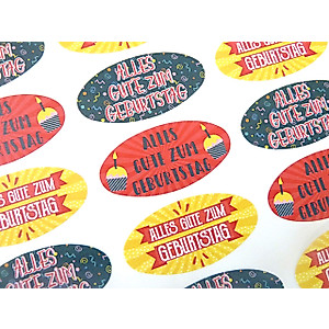 Pack of 30 Alles Gute Zum Geburtstag German Birthday Greeting Stickers, Colorful Oval Self-Stick Labels for Cards, Envelopes, Craft, Decoration