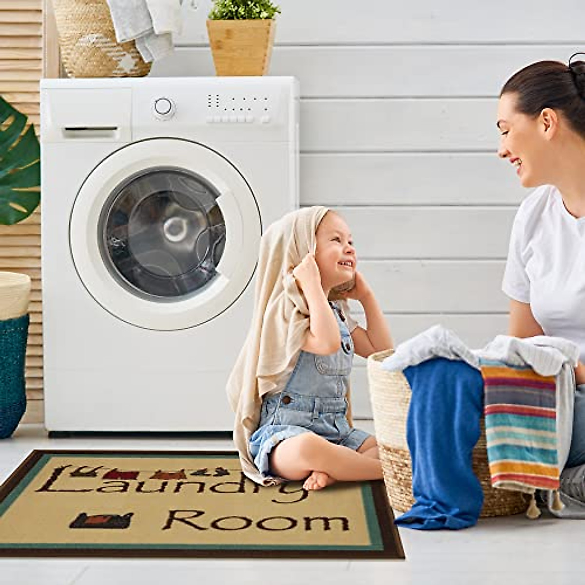 Machine Washable Bordered Laundry Room Rug Non-Slip Rubberback 2x3 Laundry Area Rug for Laundry Room, Bathroom, Washroom, 26" x 35", Beige
