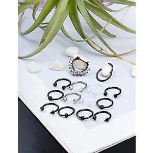 Yaalozei 16G Black Septum Rings Piercing Jewelry 16 Gauge Stainless Surgical Steel Septum Jewelry Horseshoes Cubic Zirconia Crystal Septum Nose Rings Earrings Hoop Piercing Jewelry for Women Men 10MM