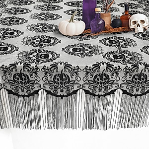 OWENIE Halloween Tablecloth, Skull Lace Fabric Tablecloths with Tassel, Black Pumpkin Table Cloths Table Cover for Rectangle Tables for Parties Gothic Halloween Home Decorations, 52x52 Inch
