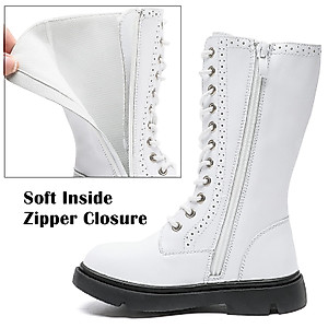 DADAWEN Boys Girls Leather Lace-Up Waterproof Side Zipper Mid Calf Combat Riding Winter Boots (Toddler/Little Kid/Big Kid) White US Size 2 M Little Kid