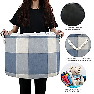 xigua Rustic Blue Plaid Storage Basket, Collapsible Round Toy Storage Bin, 20 x 14 Inches Laundry Basket with Handles, for Bedroom Living Room