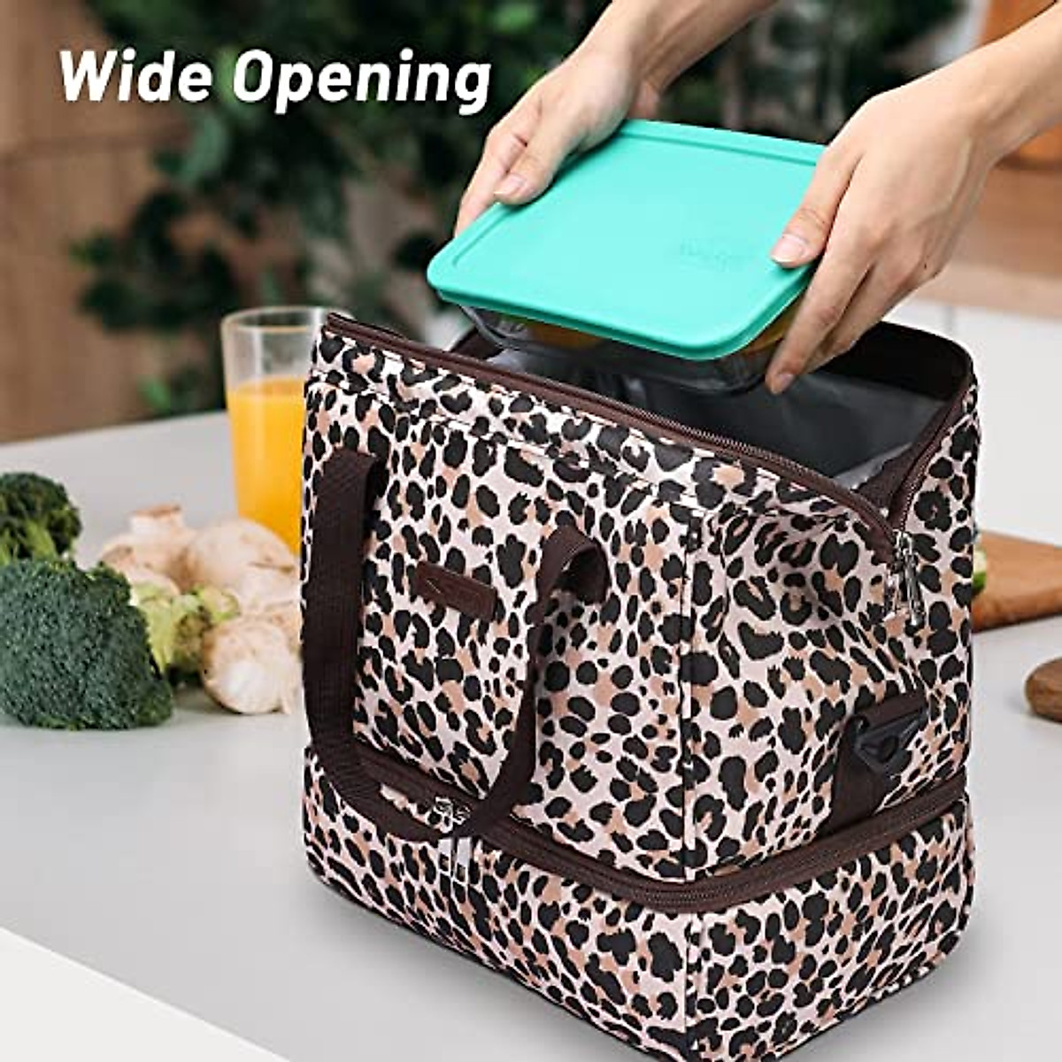MIER Dual Compartment Lunch Bag Womens Lunch Box Cute Insulated Large Leak Proof Cooler Totes Bags with Shoulder Strap for Adult Work Office Beach Picnic Travel, Double Deck, Leopard