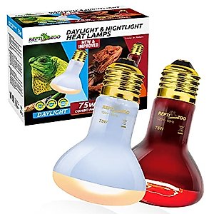 REPTIZOO 75W Reptile Heat Lamp Bulb 2PCS Day & Night Heat Lamp Combo Pack Include Nightlight Infrared Heat Emitter and UVA Daylight Heating Lamp