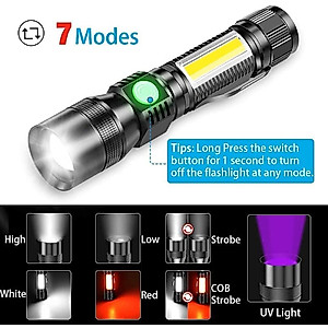 Karrong Rechargeable UV Flashlight(No Battery), 3 in 1 UV Black Light LED Tactical Flashlight, High Powered 2000 Lumens LED Light 7 Modes Waterproof for Pet Clothing Detection/Emergency/Camping