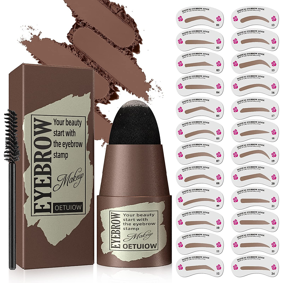Eyebrow Stamp Stencil Kit - 1 Step Eye Brow Stencil Kit for Beginners, Brow Stencil and Stamp Kit Long-lasting, Smudge-Proof & Waterproof, 24 Reusable Eyebrow Stencils for Perfect Brow (Dark Brown)