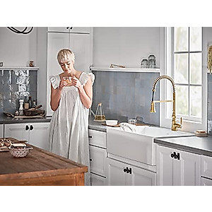 Moen WeymouthBrushed Gold One Handle Pre-Rinse Spring Farmhouse Pulldown Kitchen Faucet with Power Boost for a Faster Clean, S73104BG