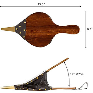 Fireplace Bellows Large 15.5” x 6.7” Indoor Brown Wood Air Blower for Barbecue, Camping BBQ Grill Chimney Outdoor with Hanging Strap Cast Nozzle