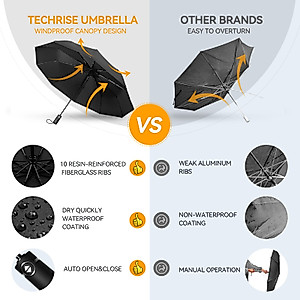 TechRise Large Windproof Compact Umbrella, Travel Folding Umbrellas for Rain Ladies Automatic Open Close Strong Wind Proof Rain Resistant with 10 Ribs Waterproof Umbrella Collapsible for Men Women