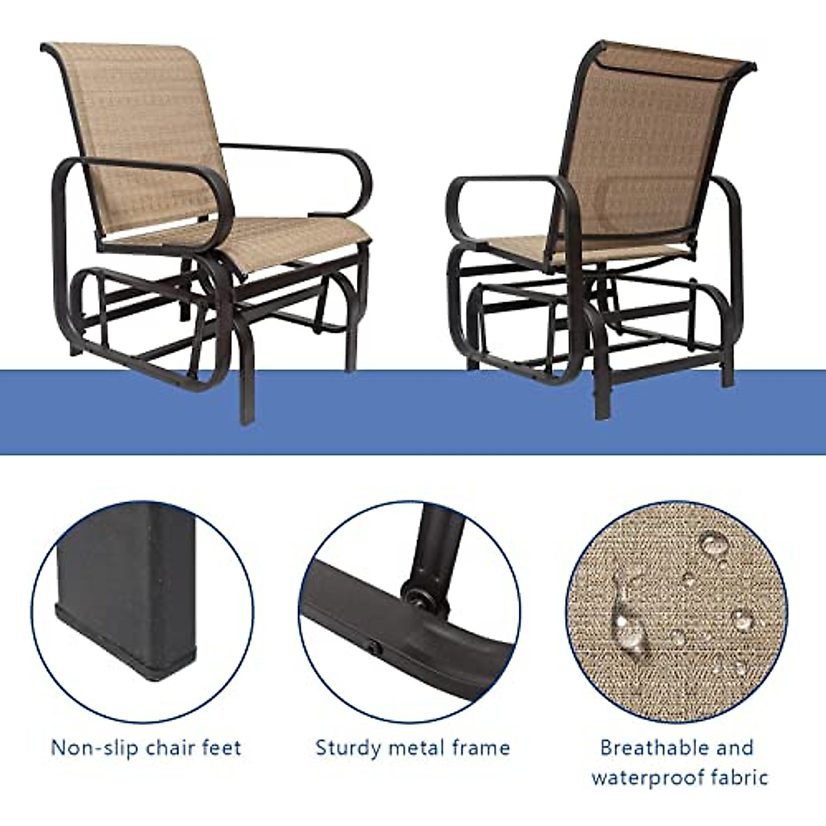 Outdoor Patio Glider Chair,Metal & Mesh Swing Rocking Lounge Comfortable Chair, for Outside Lawn,Backyard,Porch,Balcony,Pool, Brown