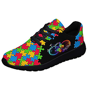 Autism Mom Shoes Womens Mens Running Sneaker Classic Autism Awareness Puzzle Print Tennis Walking Gym Shoes Gift for Mom Black Size 7.5