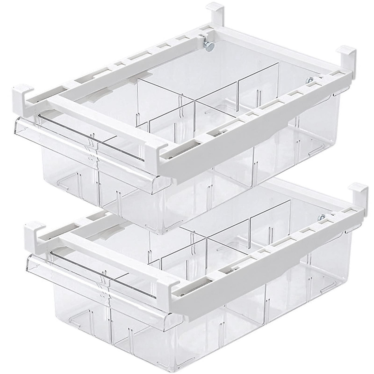 Cezoyx 2 Pack Fridge Drawer Organizer - Pull Out Refrigerator Organizer Bins with 2 Dividers, Fridge Shelf Holder Storage Box for Fruit, Vegetable, Food and Drinks, Fit for Fridge Shelf Under 0.6"