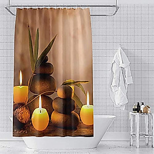 Renaiss 71x71 Inch Spa Zen Shower Curtain Basalt Stones Candle Bamboo Leaves Vintage Bath Curtain Meditation Relaxing Bathroom Cloth Fabric Bathroom Decor Set with Hooks Waterproof