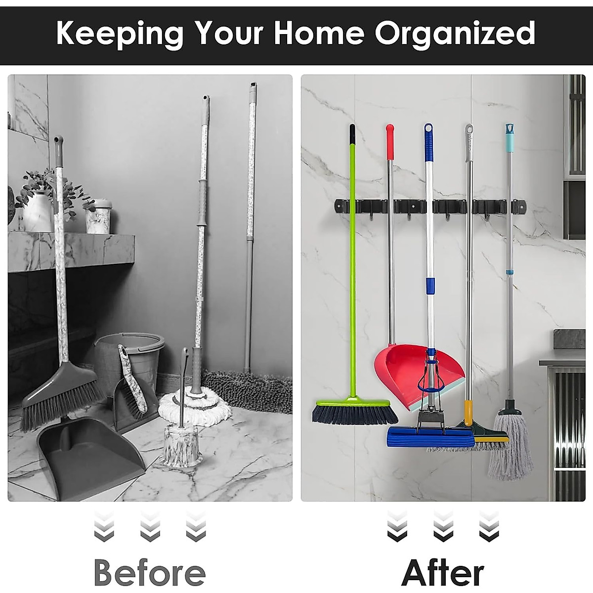 lazycozy® Broom Holder Wall Mount, Mop and Broom Organizer Wall Hanging, 5 Clamps and 4 Hooks + 2 Independent Clamps, Tool Storage Utility Rack for Home Kitchen Garden Laundry Garage