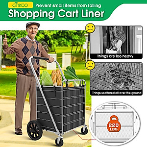 Jumbo Shopping Cart with Wheels and Liner 360° Metal Roller Foldable Grocery Laundry Cart, Up to 220 lbs