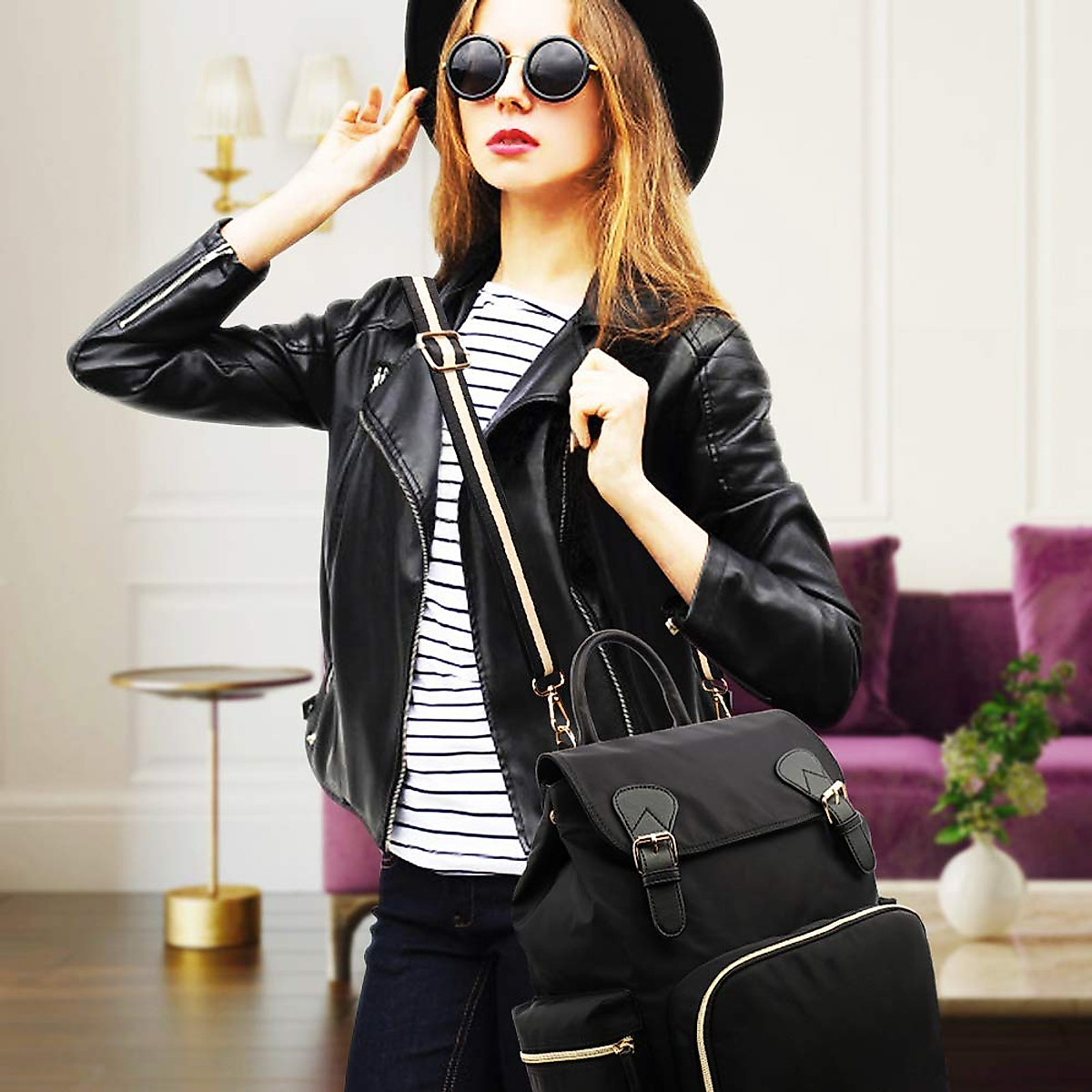 Vogshow Waterproof Diaper Bag, Multifunction Stylish Travel Backpack with 2 Stroller Hooks, Black