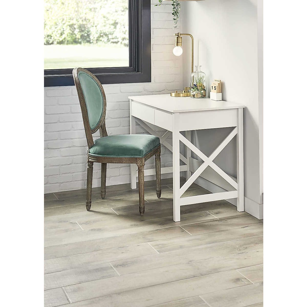 ClosetMaid 3950 X-Frame Design Writing Desk or Console Table with Drawers, White Wood