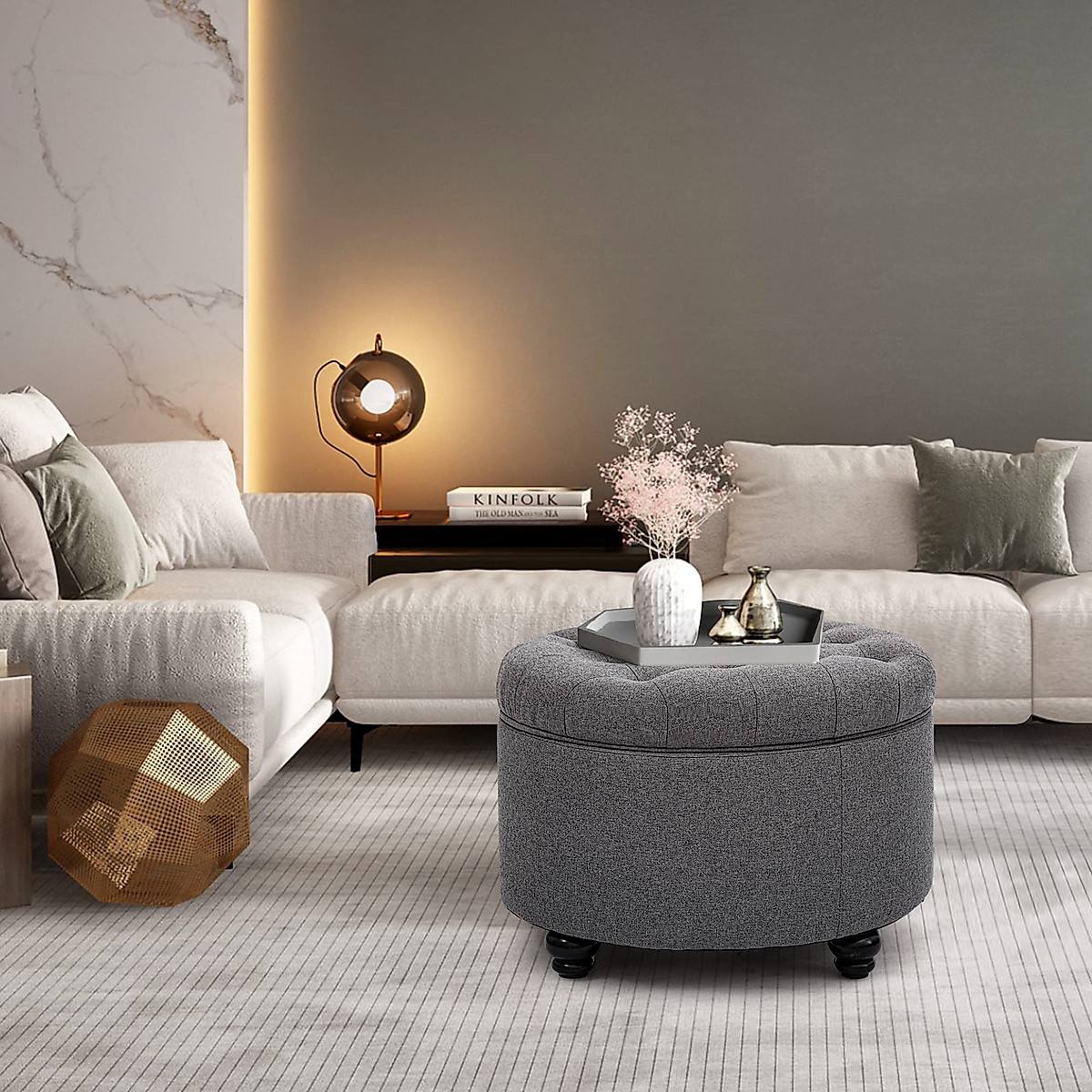 CangLong Large Button Tufted Fabric Round Storage Ottoman with Storage for Living Room & Bedroom,Dark Grey