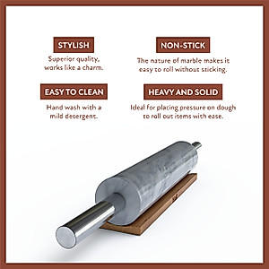 Fistukit White Marble Rolling Pin with Stainless Steel Handles Baking Set - Silicone Baking Mat, Bench Scraper, Wooden Base- 10 Inch Roller