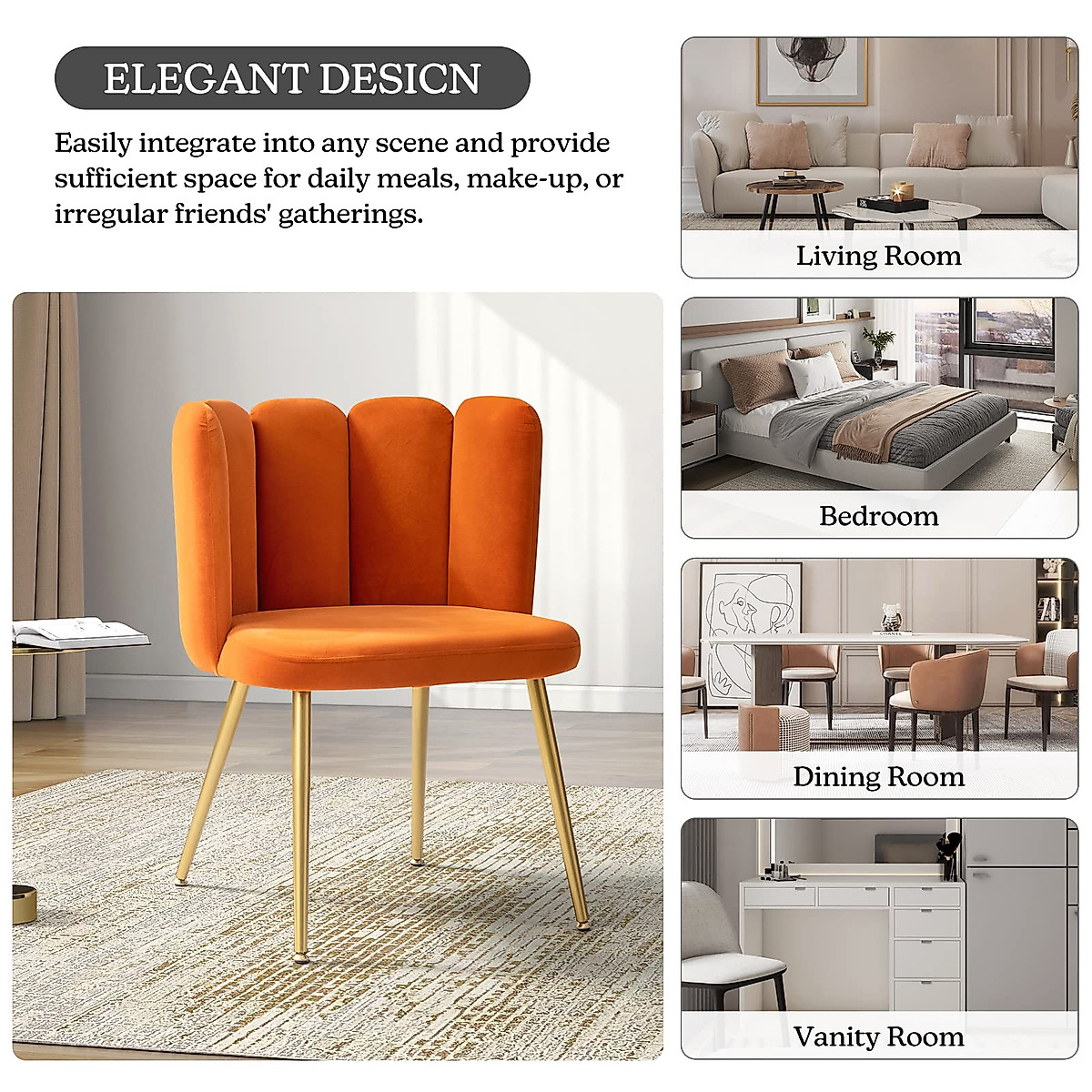 HULALA HOME Velvet Accent Chairs Modern Vanity Chairs for Makeup Room, Comfy Upholstered Dining Chairs for Living Room with Shell Back and Golden Metal Legs/Orange