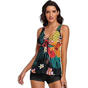 Omichic Cute Pineapple Tankini Swimsuits for Women Vinatge Floral Tummy Control Two Piece Bathing Suits Tank Top with Boyshorts Small