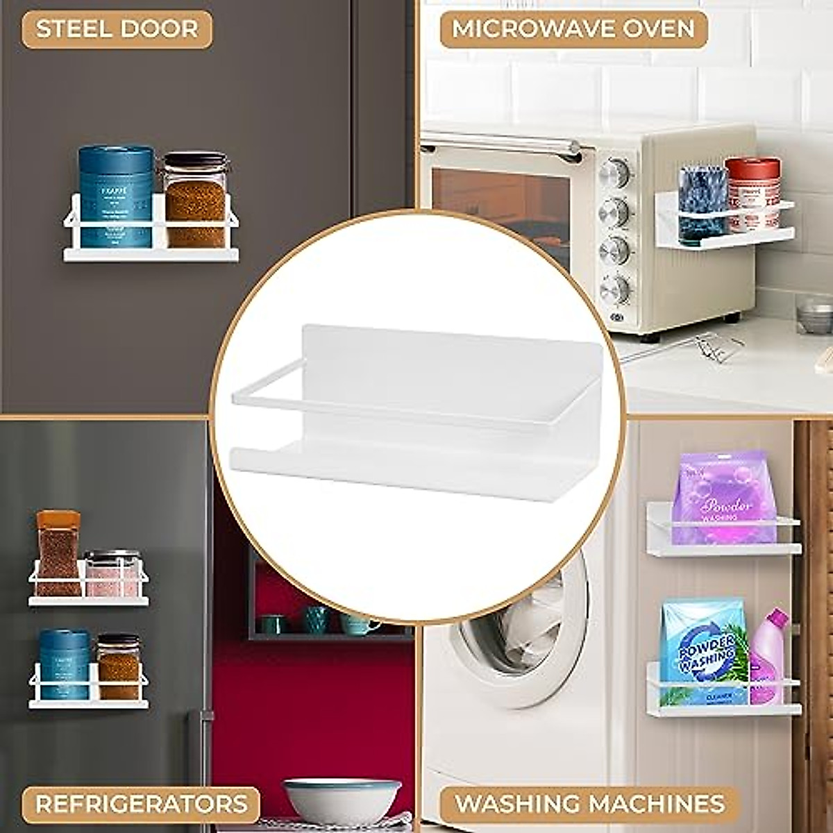 NHZ Magnetic Spice Rack, Magnetic Spice Rack Refrigerator, Magnetic Shelf, Metal Fridge Shelves with Extra Strong Magnets, Magnetic Shelf for Refrigerator, Perfect Space Saving (2 Pack, White)
