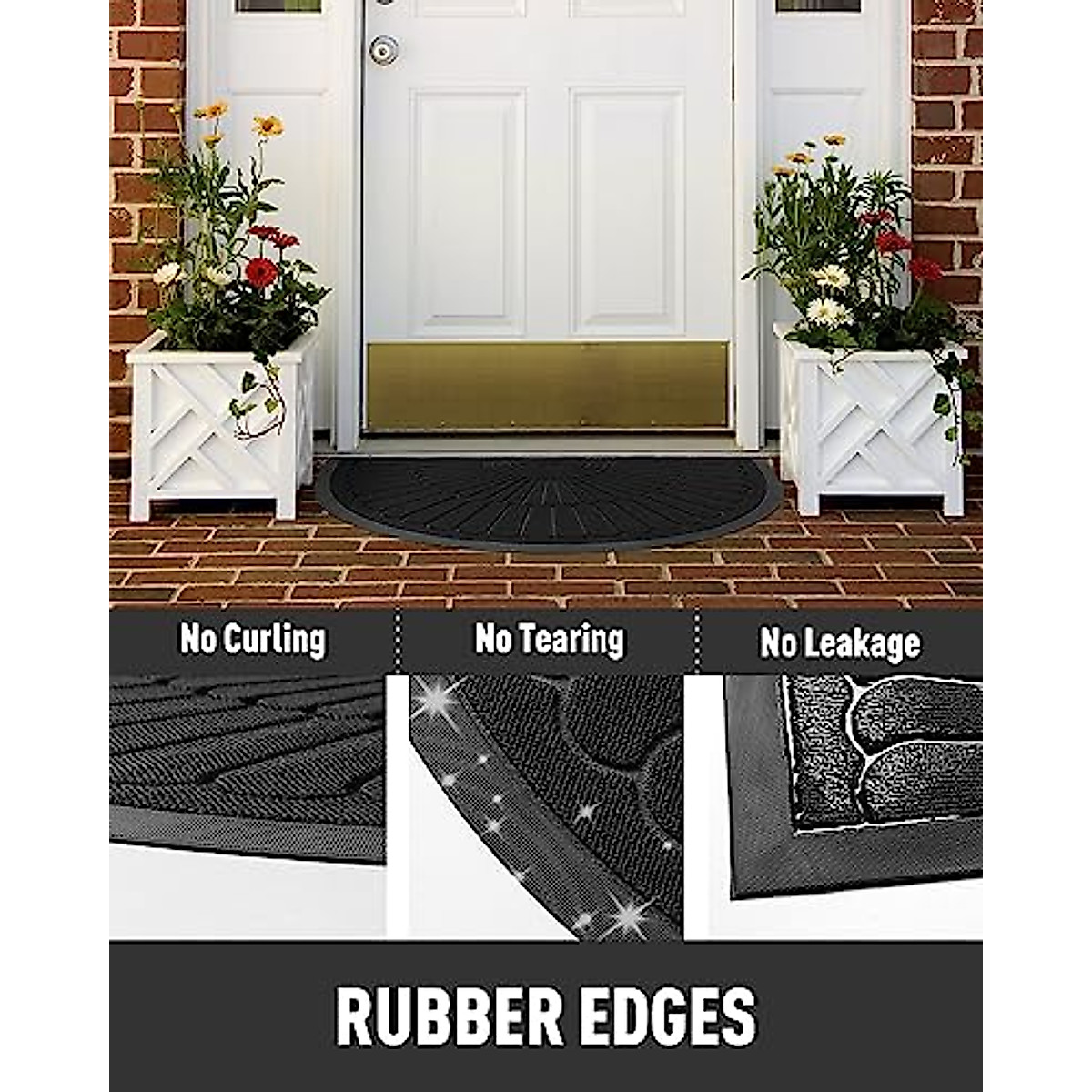 Door Mat Outdoor Indoor Entrance Doormat-Semicircular Durable Rubber Non Slip Front Door Mat for Outside Inside Entry Entryway Dirt Trapper Welcome Mat for Muddy Paws and Shoes-Black 17”x30”