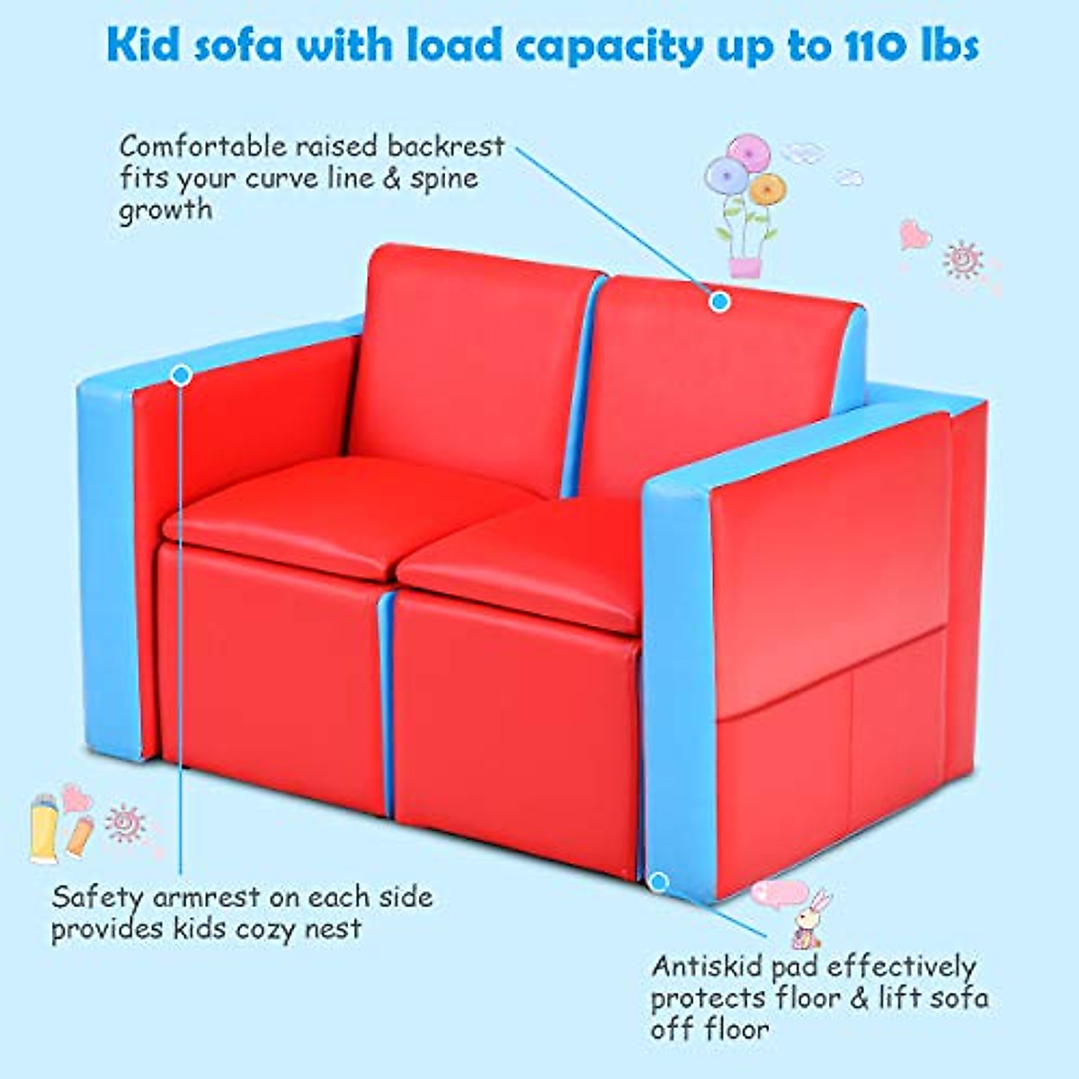 Costzon Kids Couch, 2 in 1 Double Seat Children's Sofa Convert to Table and Two Chairs for School, Storage Space, PVC Surface, Large Soft Kids Preschool Sofa Couch for Boys Girls Gifts (Red)