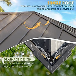 EROMMY 12' X 14' Hardtop Gazebo, Galvanized Steel Top with Wood Grain Aluminum Frame, Permanent Metal Pavilion with Three-Layer Storage Shelves for Patio, Backyard, Deck and Lawns