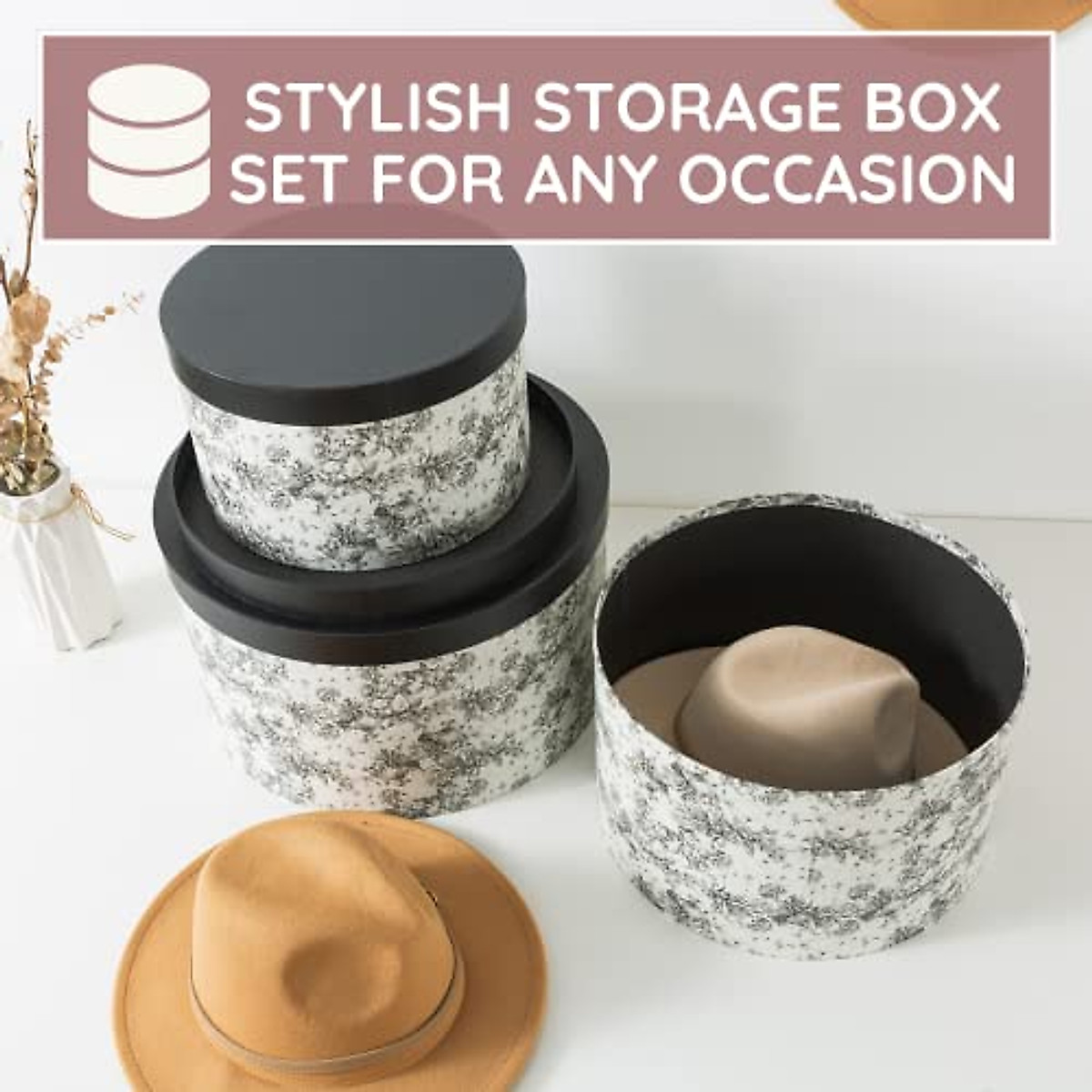Soul & Lane Floral Hat Round Boxes with Lids - Set of 3: Nesting Cardboard Hat Storage, Large Black Print Hat Cases, Round Decorative Keepsake Boxes, Stacking Paper Mache Craft Boxes
