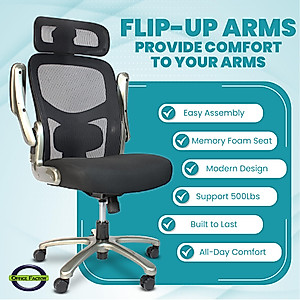 OFFICE FACTOR 500 Lbs Rated Ergonomic Big and Tall Office Chair Flip-Up arms, Mesh Office Chair, Swivel Office Chair with Anti Scratch Wheels, Mesh Executive Chair (Black with Headrest)