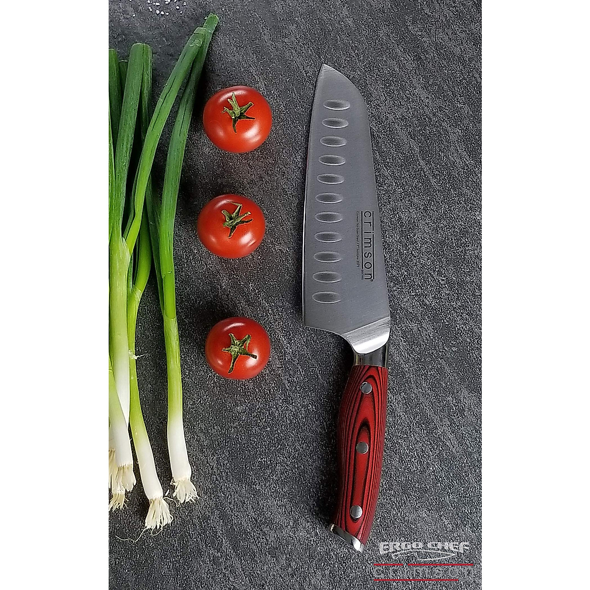 Ergo Chef Crimson Series 7" Santoku Japanese Chef Knife Forged High Carbon X50CrMoV15 German Stainless Steel - Hollow Ground Blade - G10 Handle