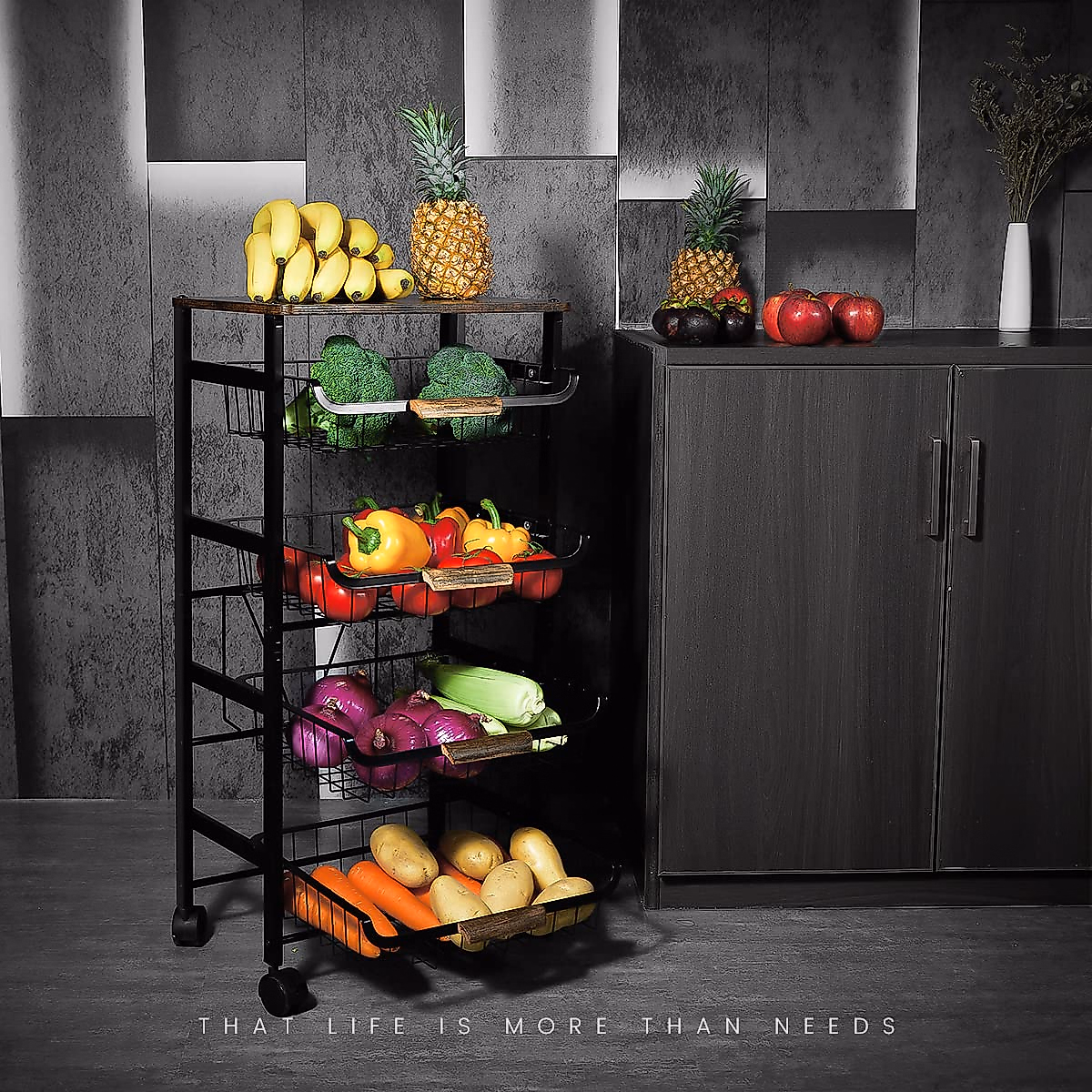 MAWEW Vegetable Kitchen Storage Basket,Potato Storage Basket,Vegetable Storage Cart with Universal Wheel,Rustic Farmhouse Vegetable Storage Basket, Kitchen Vegetable Storage Rack，snack shelf(5 Tier)