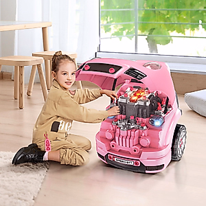 Qaba Kids Truck Engine Toy, Kids Mechanic Car Repair Set, Engine Disassembly Play Workshop, Includes 61 Pieces, Steering Wheel, Horn, Light for 3-5 Years Old, Red