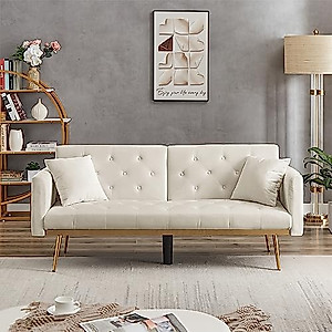 Anwick Modern Velvet 2 in 1 Futon Sofa Bed,Convertible Folding Sleeper Bed Couches with 2 Pillows,73" Tufted Recliner Love Seat with Golden Chrome Legs for Living Room Apartment Office (Beige-New)