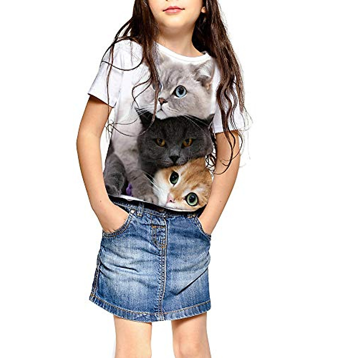 Ainuno Cat Shirts for Girls Boys Kids Cute Summer Clothes Short Sleeve Graphic Tees White Crewneck Size 7 8 Years Old,Cat