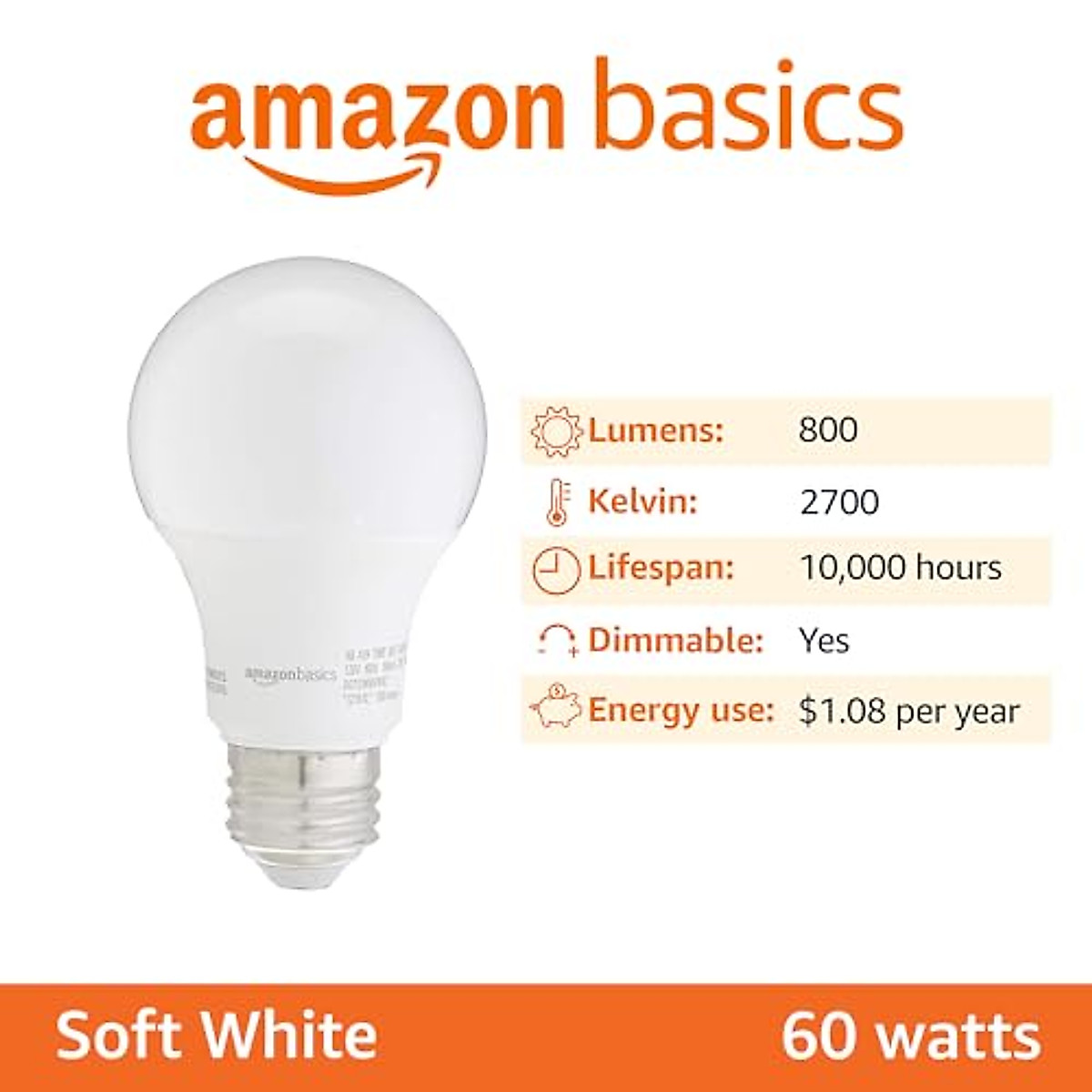 Amazon Basics A19 LED Light Bulb, 60 Watt Equivalent, Energy Efficient 12W, E26 Standard Base, Soft White 2700K, Dimmable, 10,000 Hour Lifetime , 6-Pack
