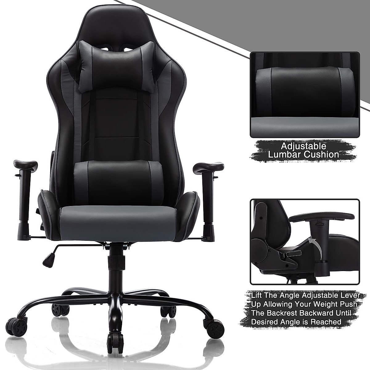 Reclining Gaming Chair - Adjustable Back Angle and Arms High Back PU Leather E-Sports Racing Gamer PC Computer Desk Swivel Office Chair - Grey