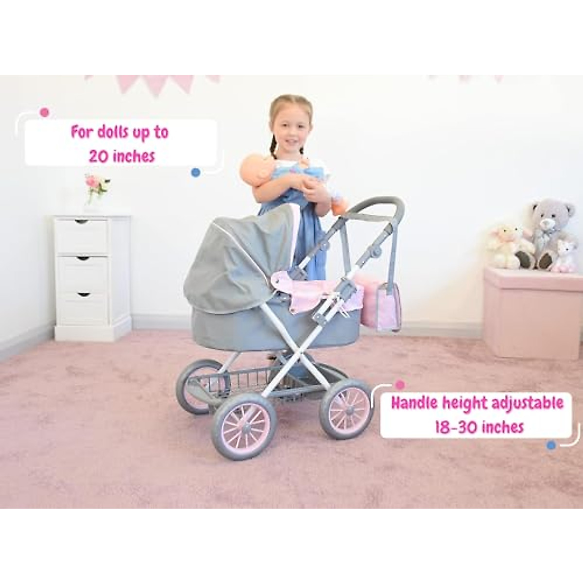 KOOKAMUNGA KIDS Baby Doll Stroller - Foldable Baby Stroller for Dolls - Play Stroller & Bassinet w/Retractable Canopy - Diaper Bag - Adjustable Soft Grip Handle - Ideal for 16” 18” & 20” Dolls