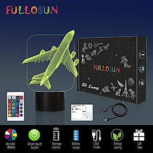 FULLOSUN Aircraft Airplane 3D Night Light Kids Bedside Lamp 16 Colors Changing with Remote Control Xmas Halloween Birthday Gift for Child Baby Boy
