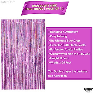 KatchOn Iridescent Pink Backdrop Curtain - XtraLarge 3.2x8 Feet, Pack of 2 | Pink Streamers for Pink Party Decorations | Pink Fringe Backdrop for Pink Birthday Decorations | Pink Fringe Photo Backdrop